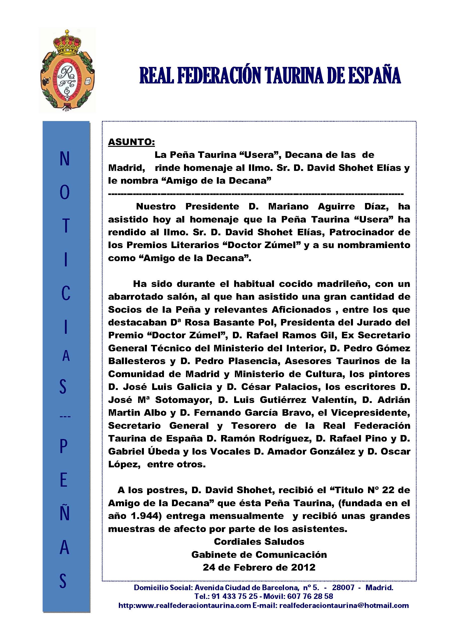 Peña Taurina Usera rinde homenaje a Don David Shohet Elías – Los Sabios ...
