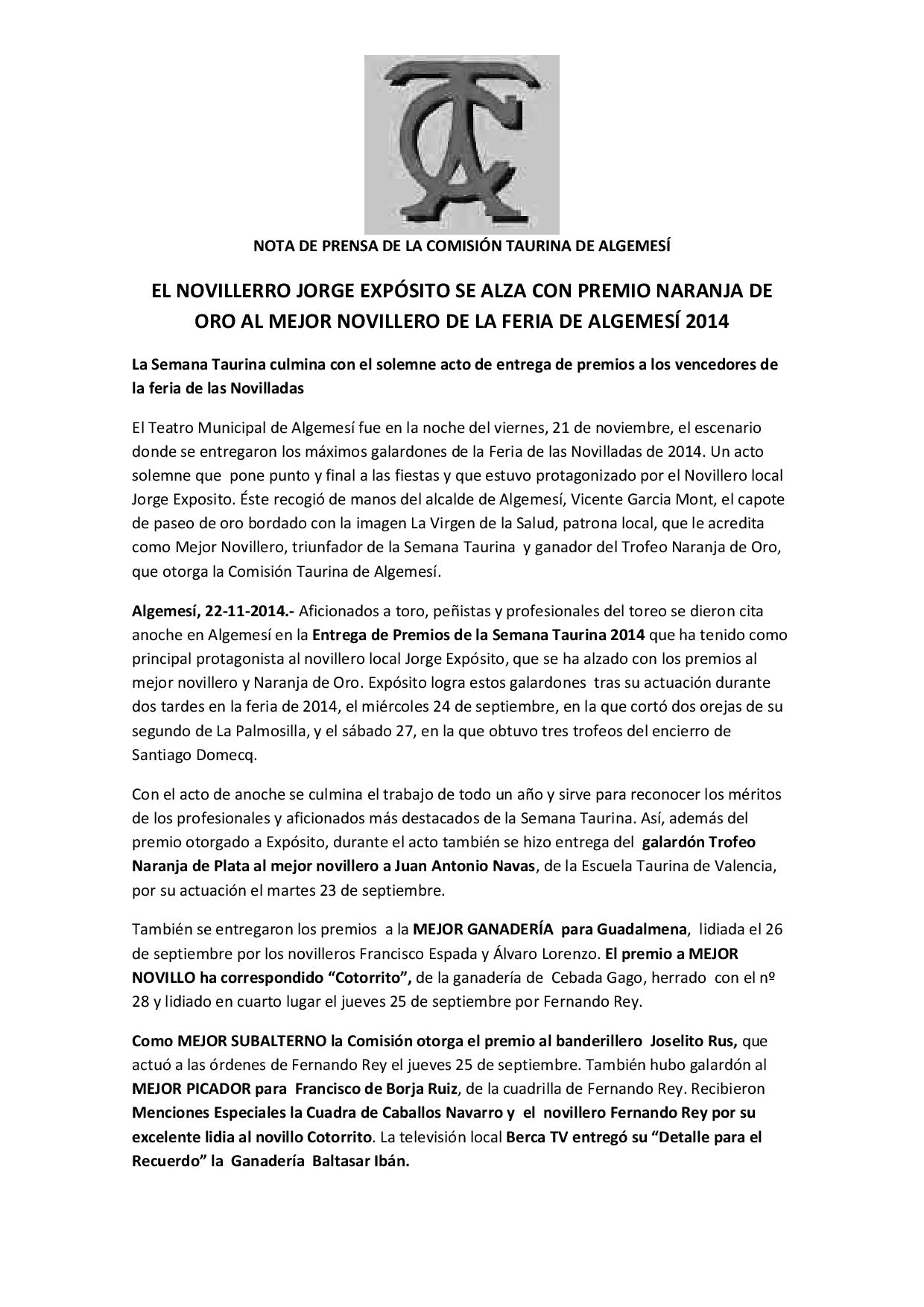 Jorge Expósito se alza con Premio Naranja de Oro al Mejor Novillero de ...