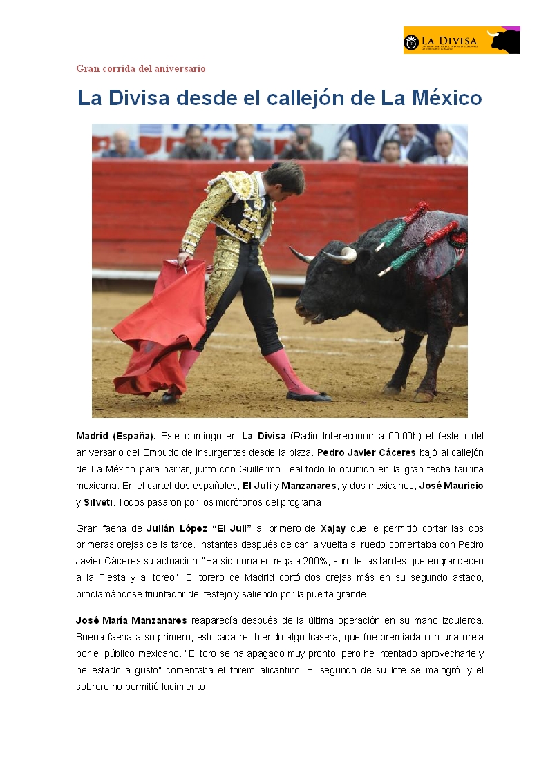 La Divisa desde el callejón de la México – Los Sabios del Toreo