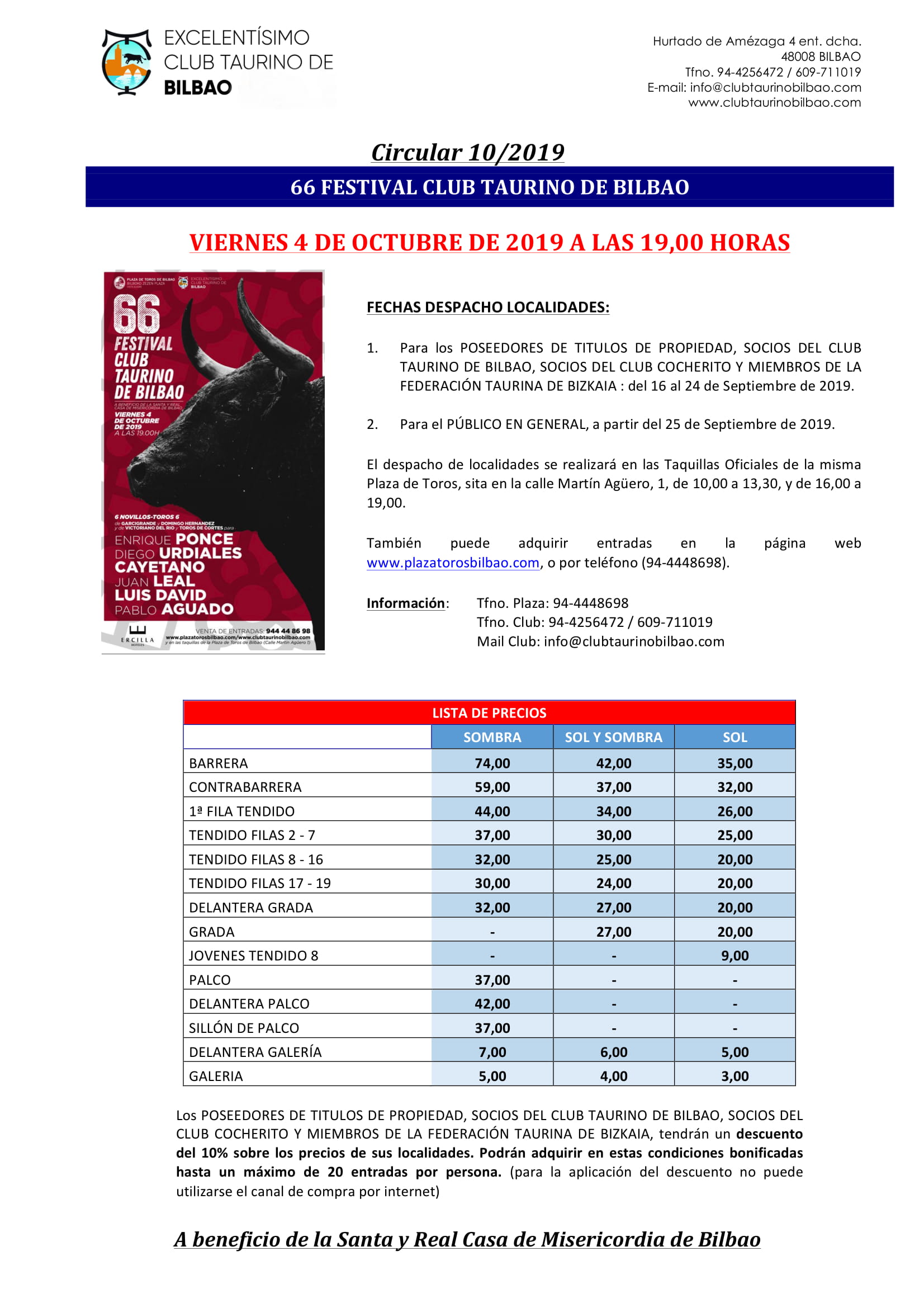 66 Festival Taurino a beneficio de la Santa y Real Casa de Misericordia. Club Taurino de Bilbao ...