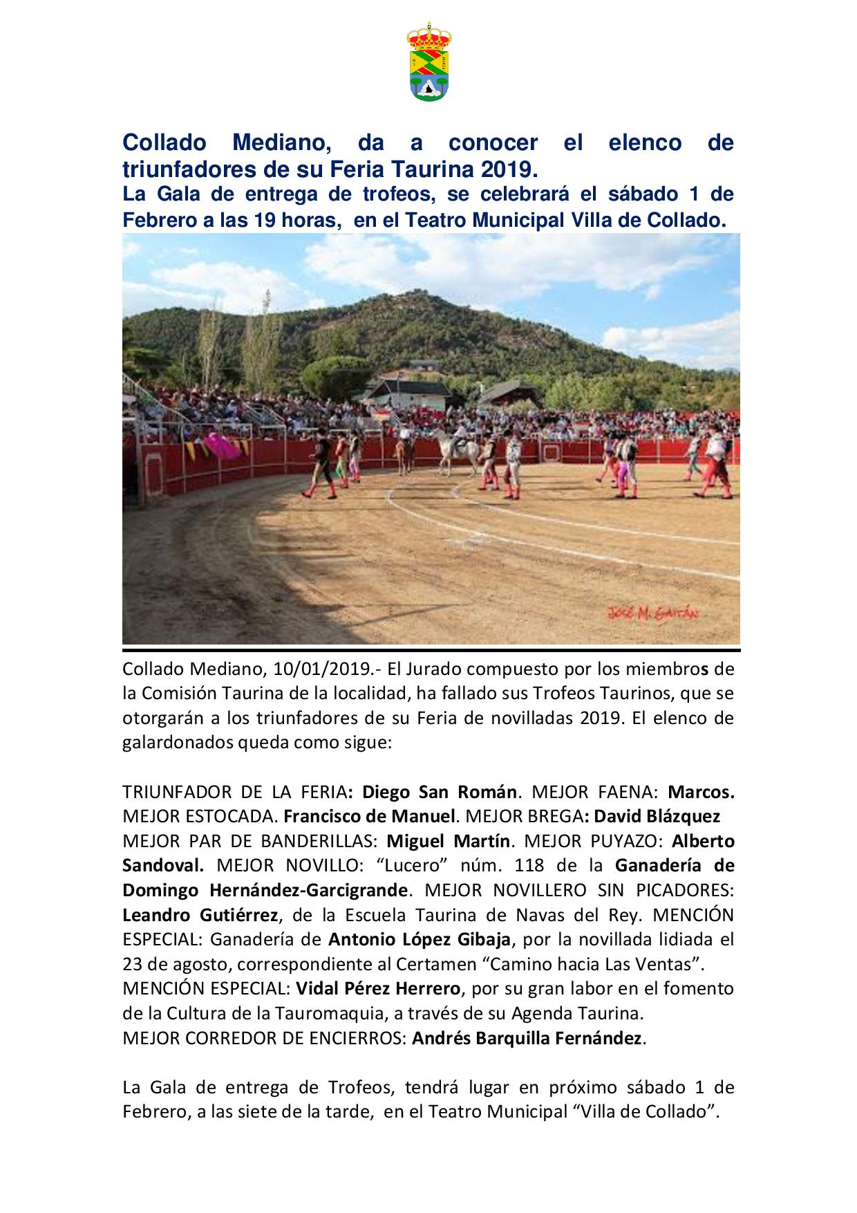 Collado Mediano, da a conocer el elenco de triunfadores de su Feria Taurina 2019 – Para + info ...