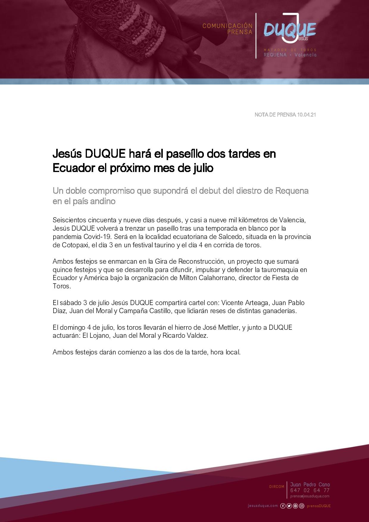 Jesús Duque hará el paseíllo dos tardes en Ecuador el próximo mes de ...